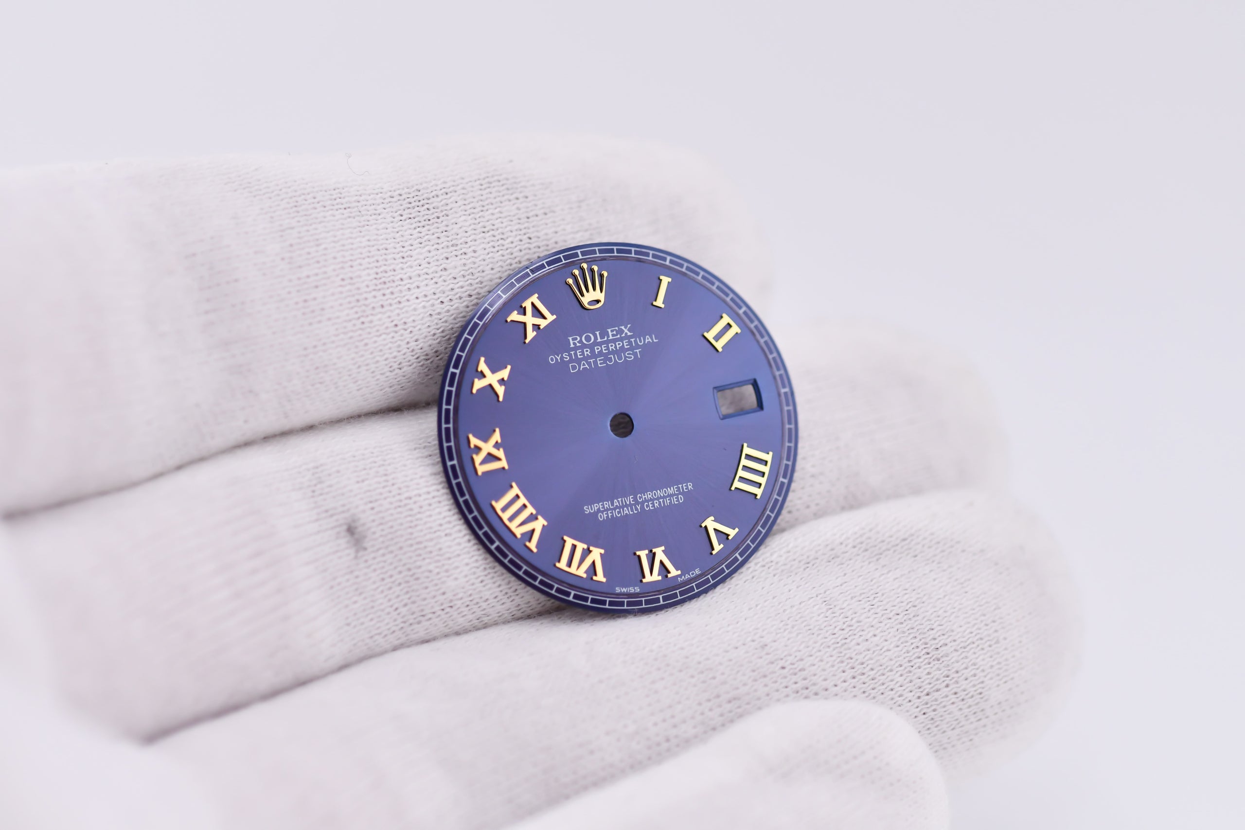 Custom Blue with Yellow Gold Roman Numerals Pie Pan Rolex Dial Datejust ...