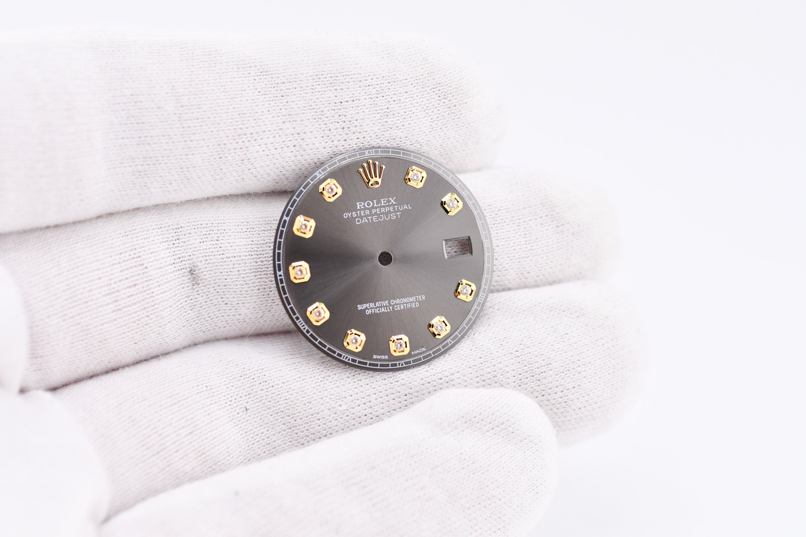 Custom Grey Sunburst with Brilliant and Gold Indexes Pie Pan Rolex Dial ...